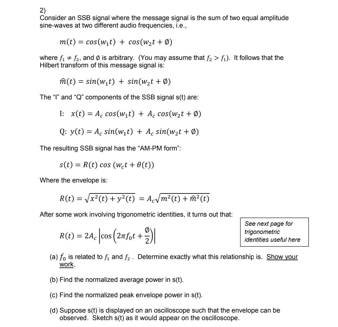 Solved 2) Consider an SSB signal where the message signal is | Chegg.com