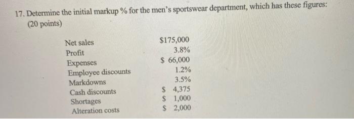 Solved 17. Determine the initial markup % for the men's | Chegg.com