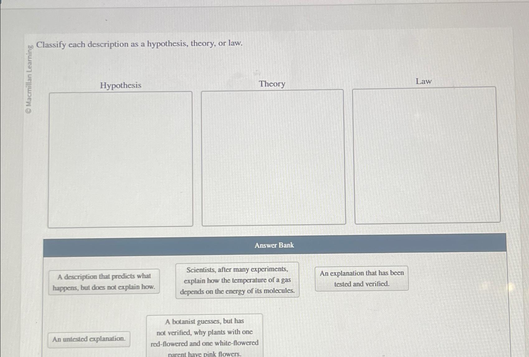 Solved Classify each description as a hypothesis, theory, or | Chegg.com
