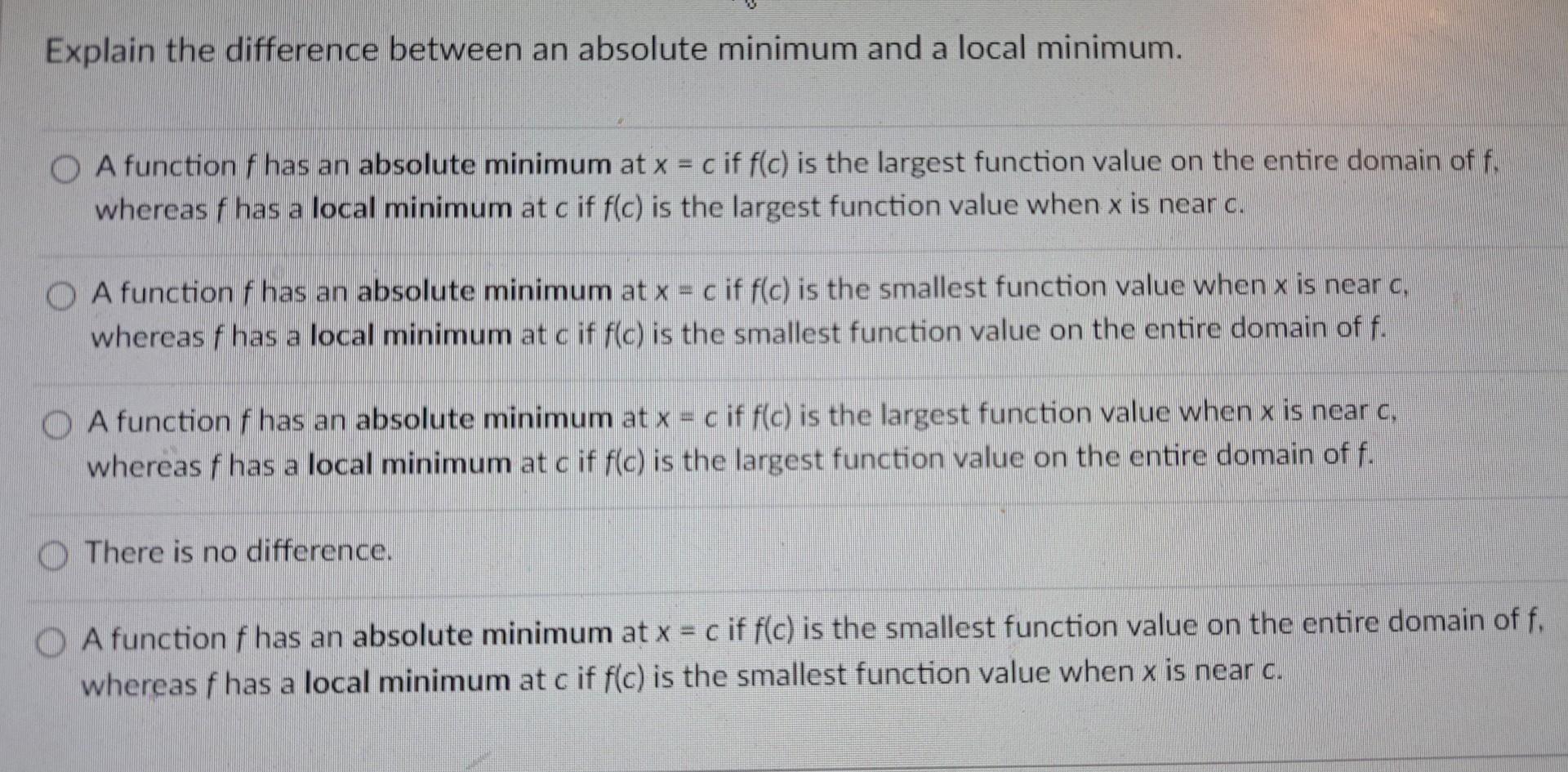 Solved Explain the difference between an absolute minimum | Chegg.com
