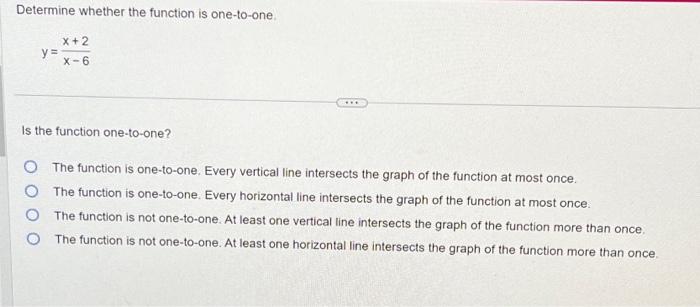 Solved Determine whether the function is one-to-one y=x−6x+2 | Chegg.com