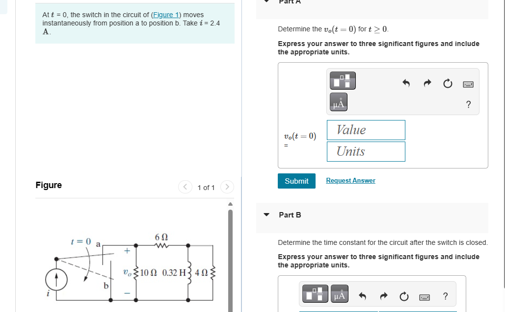 Solved At t=0, ﻿the switch in the circuit of (Figure 1) | Chegg.com