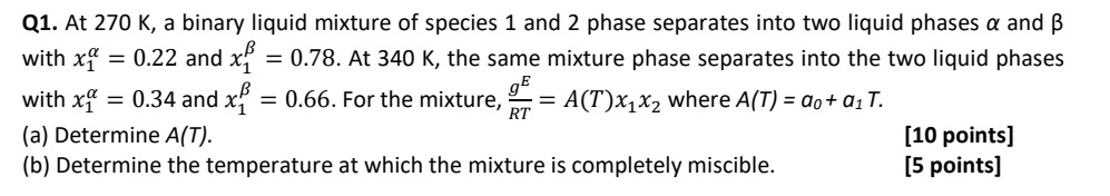 Solved Q1. ﻿At 270K, ﻿a binary liquid mixture of species 1 | Chegg.com