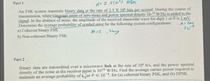 Solved Part 1 An FSK system transmits binary data at the | Chegg.com