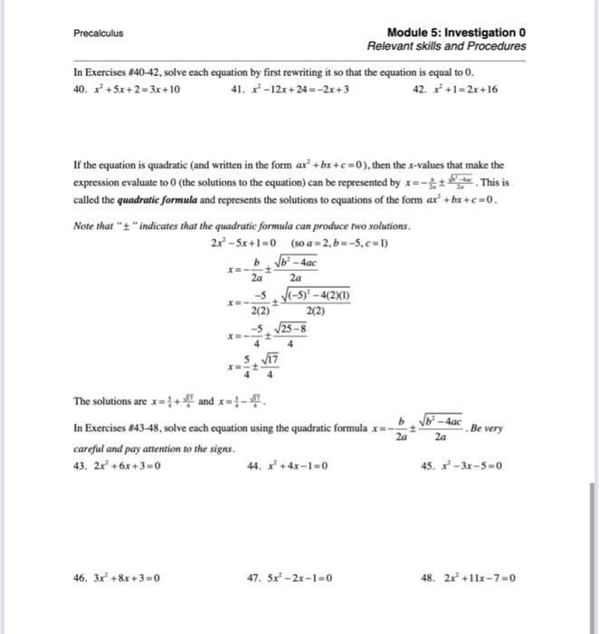 Solved Precalculus Module 5: Investigation 0 Relevant skills | Chegg.com