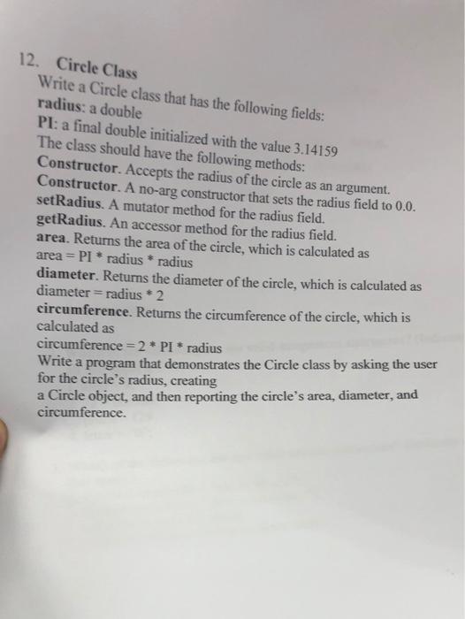 Solved 12 Circle Class Write A Circle Class That Has The 