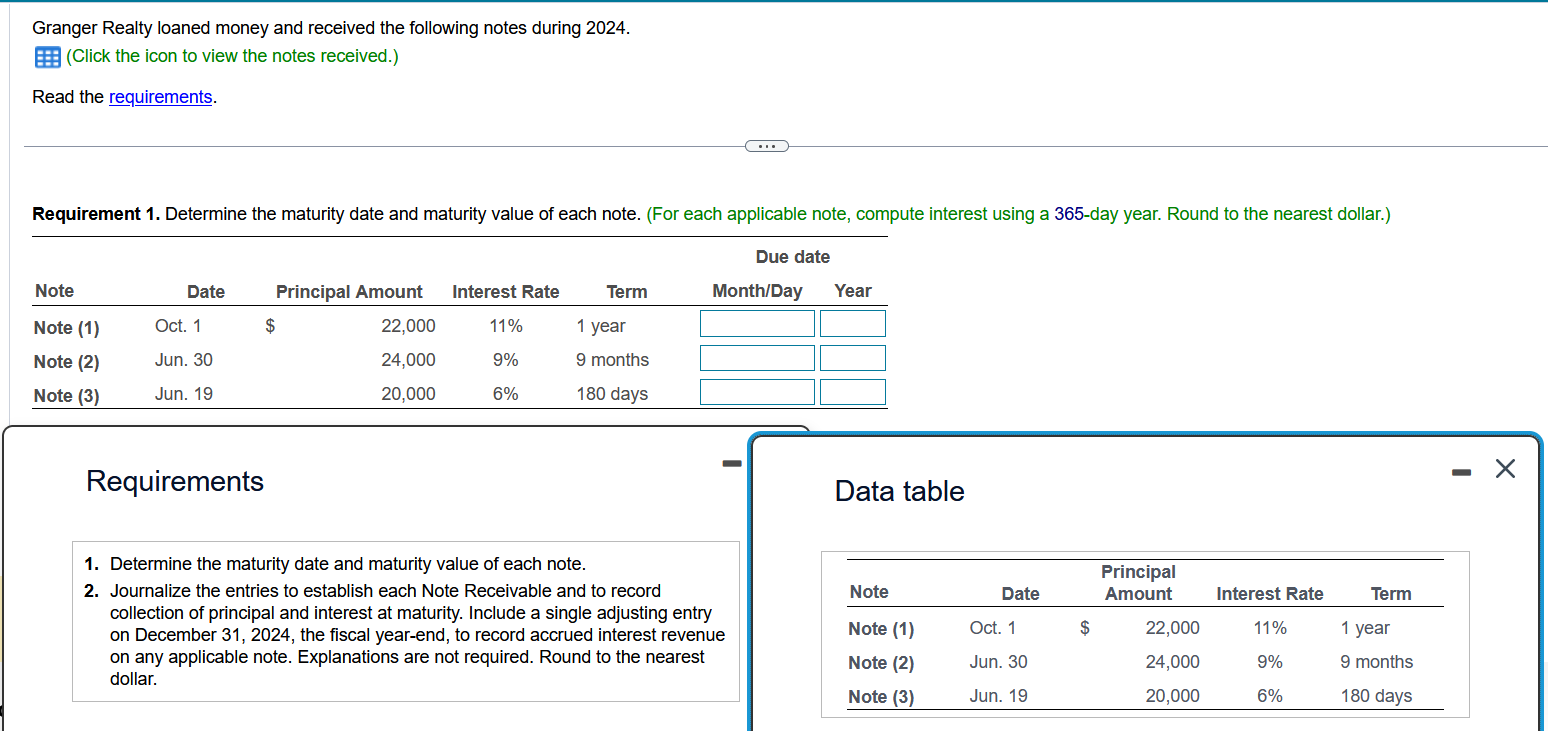 Solved RequirementsData tableDetermine the maturity date and | Chegg.com