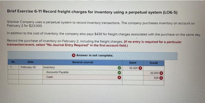 Solved Brief Exercise 6-11 Record freight charges for | Chegg.com