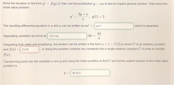 Solved Write the equation in the form y′=f(y/x) then use the | Chegg.com