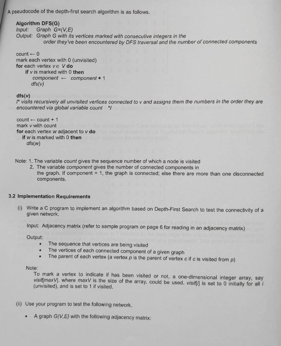 Solved A pseudocode of the depth-first search algorithm is | Chegg.com