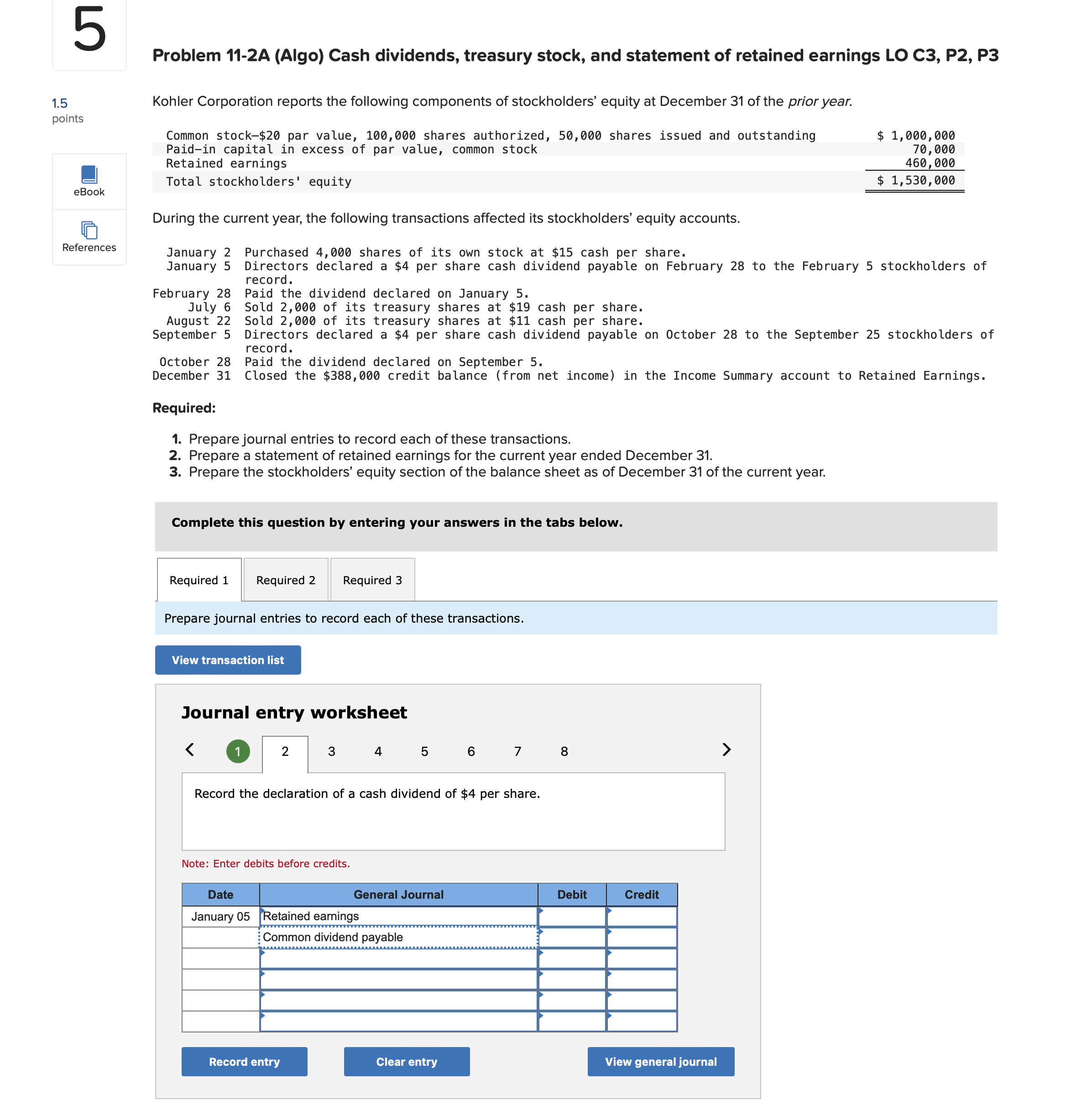 Solved Problem 11-2A (Algo) ﻿Cash dividends, treasury stock, | Chegg.com