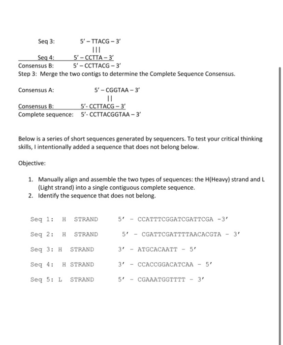 Solved EXERCISE: 1: An Exercise in Manual Contig Sequence | Chegg.com