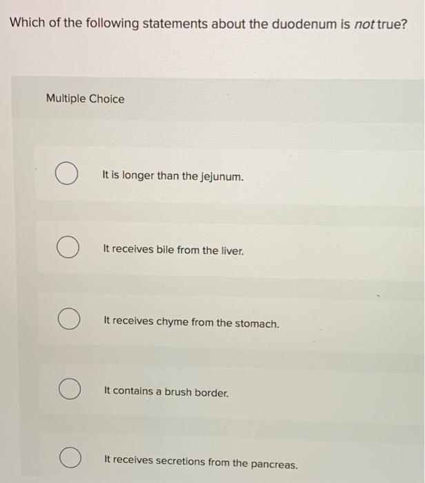 Solved Which of the following statements about the duodenum | Chegg.com