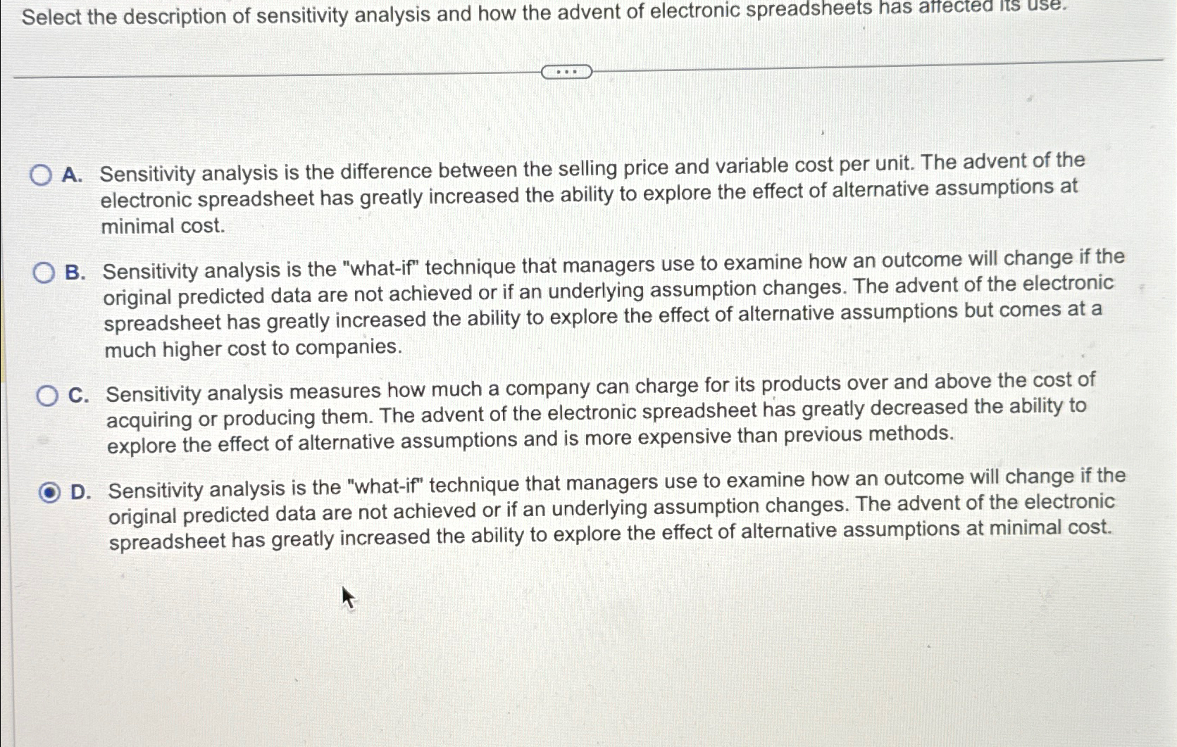Solved Select the description of sensitivity analysis and | Chegg.com