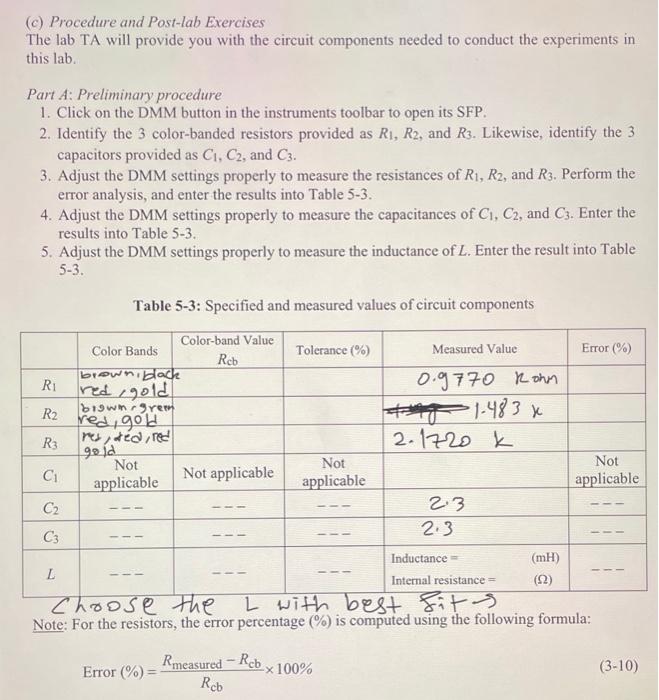 (c) Procedure and Post-lab Exercises The lab TA will | Chegg.com