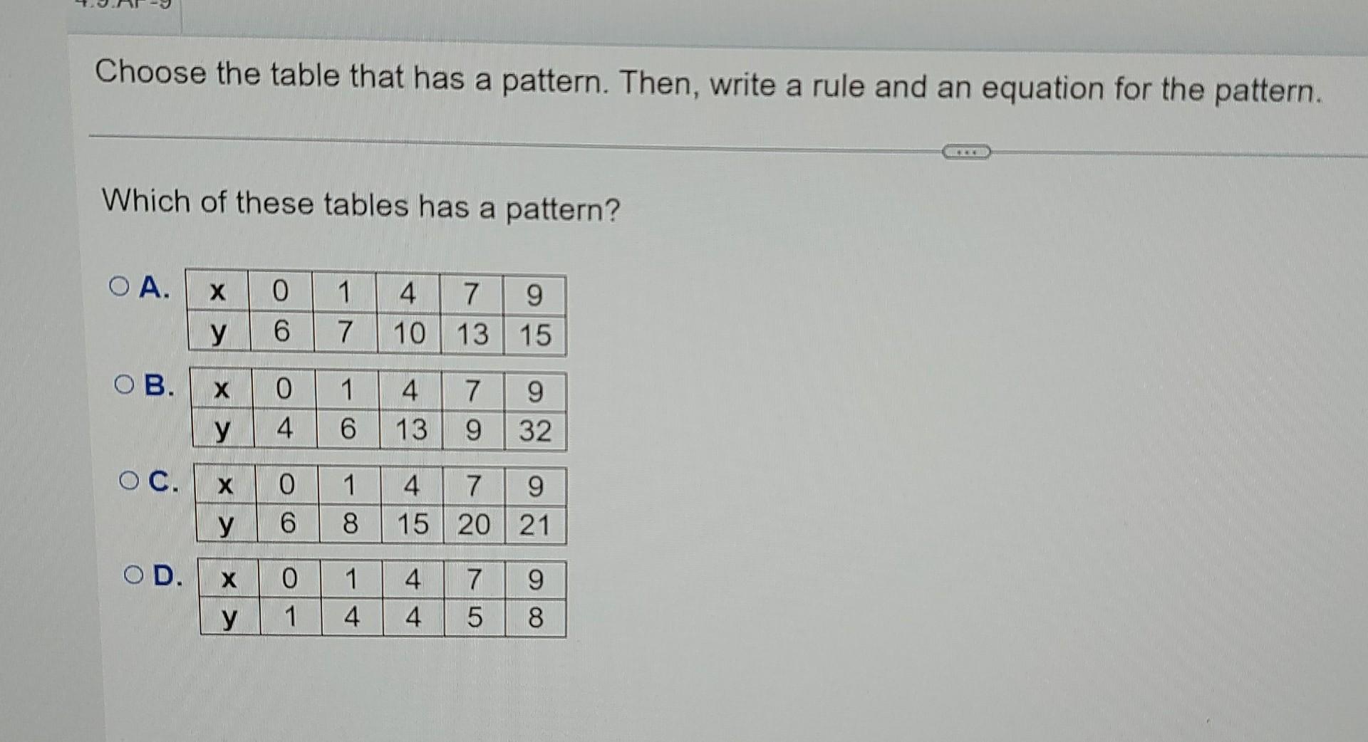 Solved Choose the table that has a pattern. Then, write a | Chegg.com