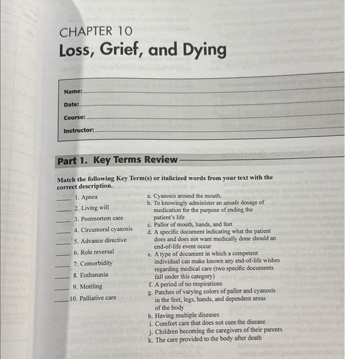 Solved CHAPTER 10 Loss, Grief, and Dying Name: Date: Course: | Chegg.com