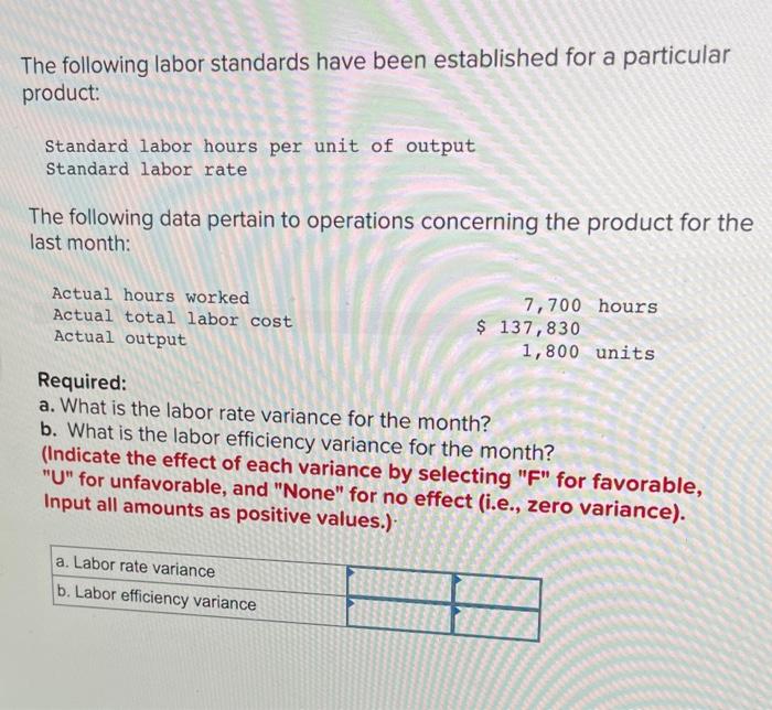 Solved The following labor standards have been established | Chegg.com