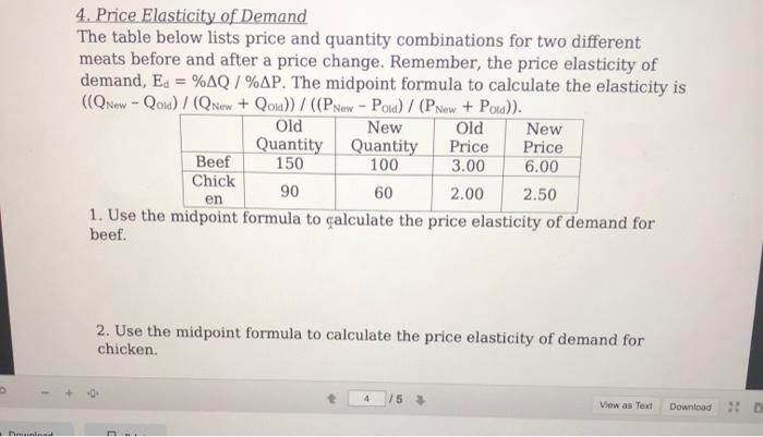 Solved 4. Price Elasticity of Demand The table below lists | Chegg.com