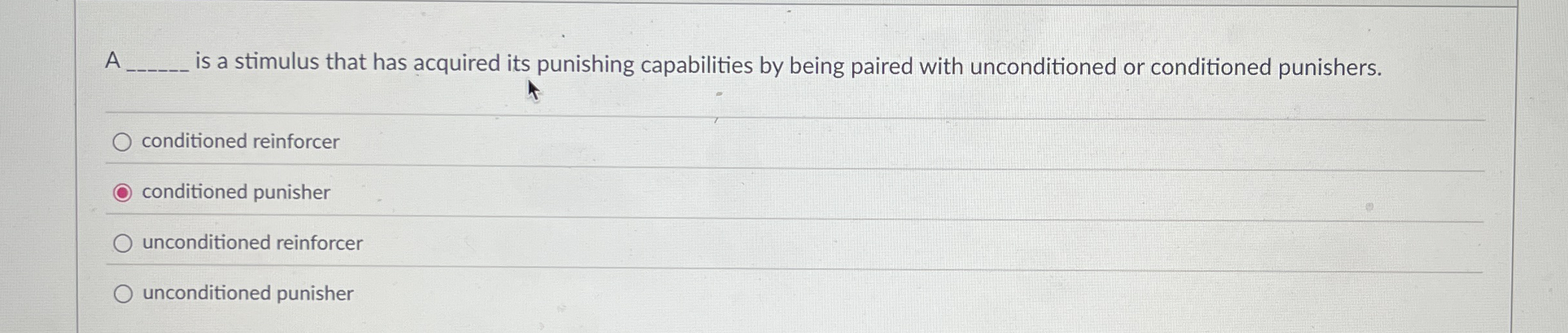 Solved A ﻿is a stimulus that has acquired its punishing | Chegg.com