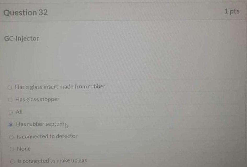 Solved Question 32 1 pts GC-Injector Has a glass insert made | Chegg.com