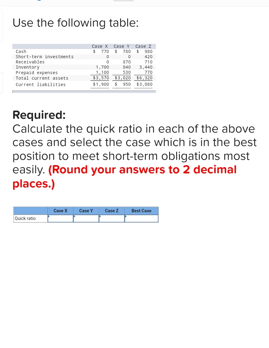Solved Use the following table:\table[[,Case x,Case Y,Case Z | Chegg.com