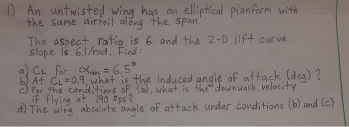 Solved D. An untwisted Wing has an elliptical planform with | Chegg.com