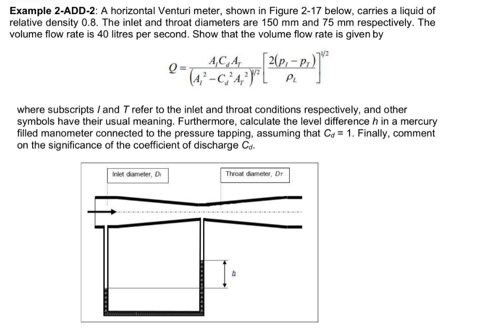 Solved A horizontal Venturi meter, shown in Figure 2-17 | Chegg.com