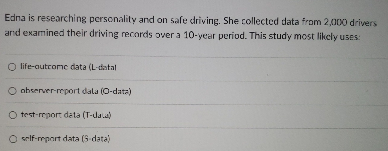 Solved Edna is researching personality and on safe driving. | Chegg.com
