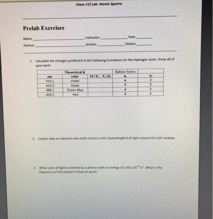 Solved Chem 112 Lab: Atomic Spectra Prelab Exercises Name | Chegg.com