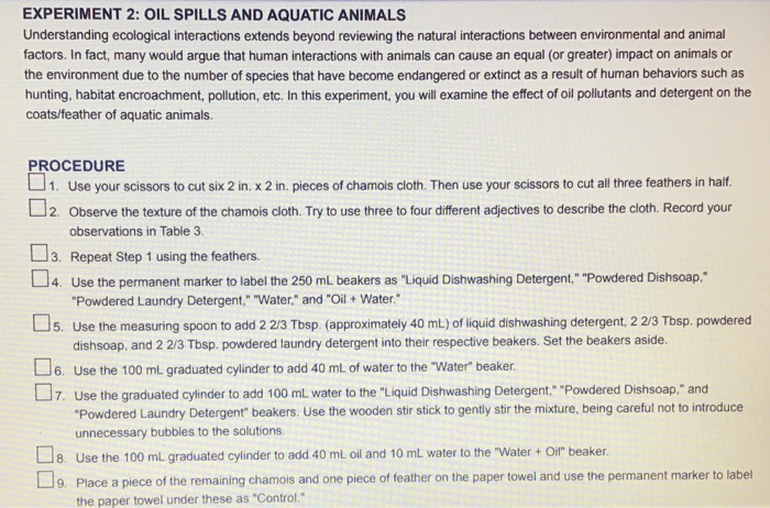 EXPERIMENT 2: OIL SPILLS AND AQUATIC ANIMALS(PLEASE | Chegg.com