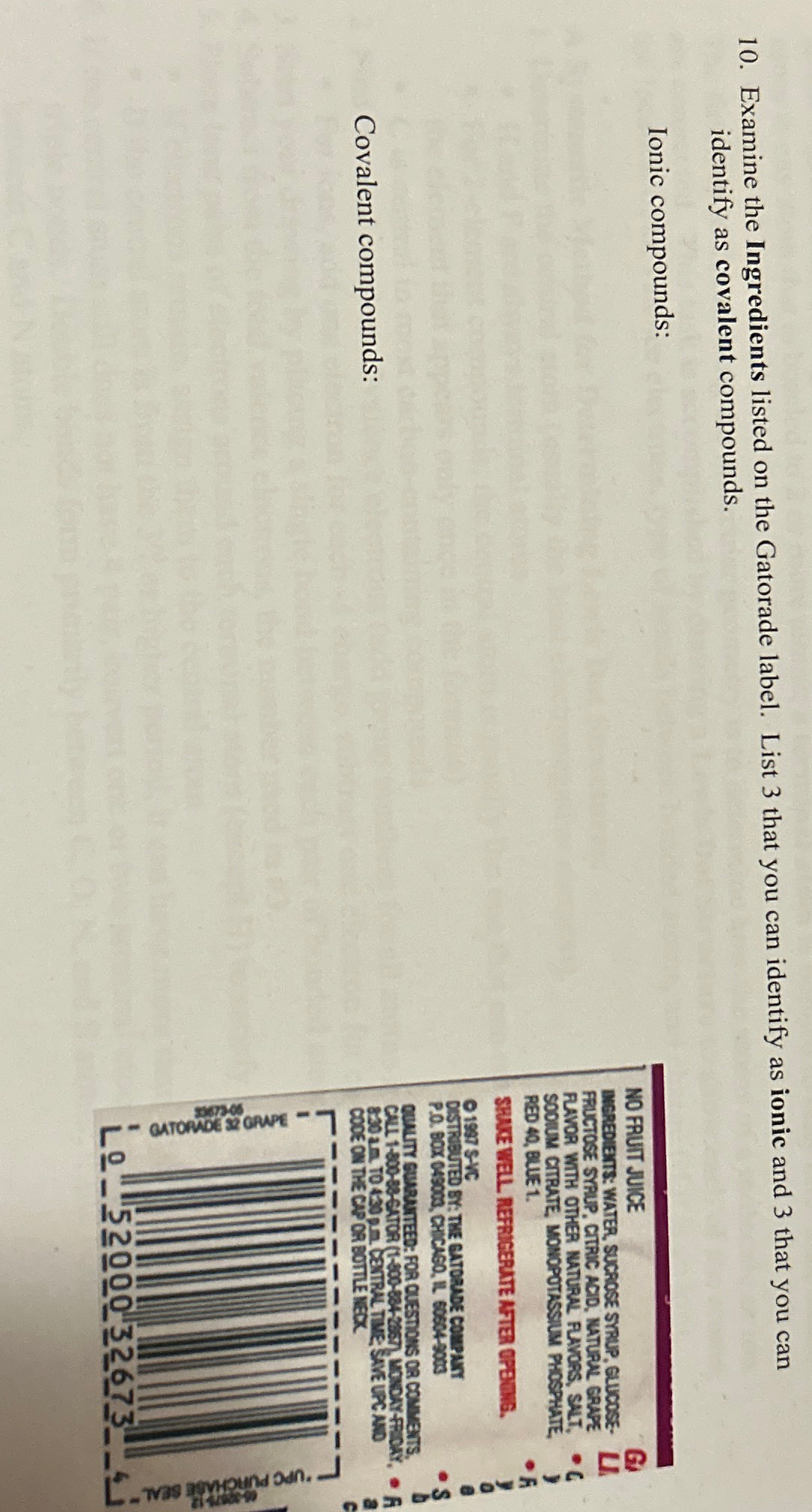 Solved Examine the Ingredients listed on the Gatorade label. | Chegg.com
