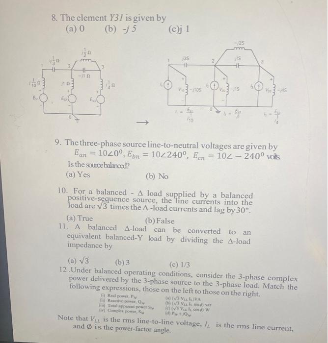 Solved 8. The element Y31 is given by (a) 0 (b) −j5 (c) j1 | Chegg.com