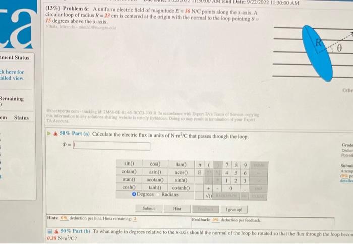 Solved (13\%) Problem 6: A uniform clectric field of | Chegg.com