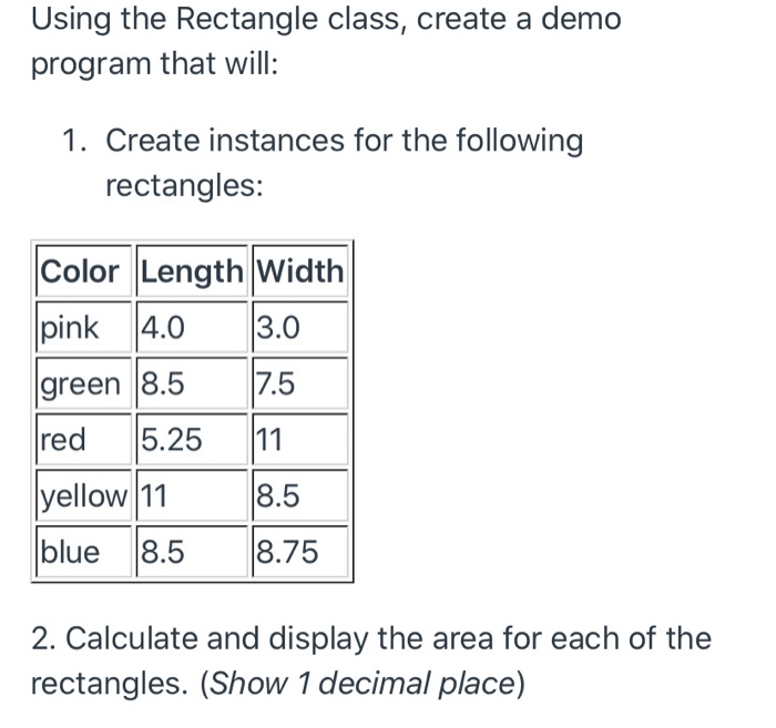 Solved Using the Rectangle class, create a demo program that | Chegg.com