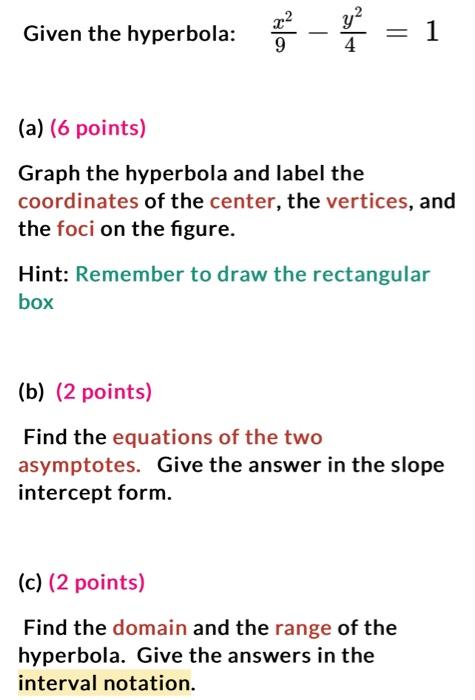 Solved Given the hyperbola:- 2 = 1 4 (a) (6 points) Graph | Chegg.com