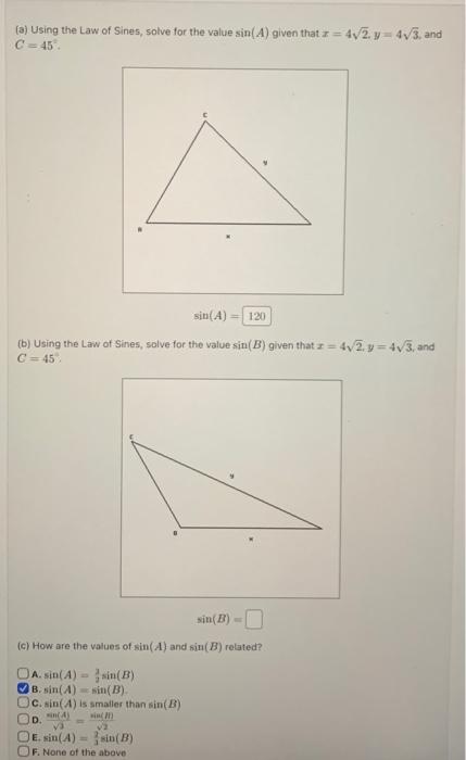 Solved (a) Using the Law of Sines, solve for the value | Chegg.com