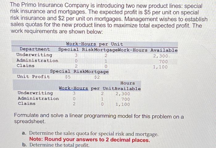 Solved The Primo Insurance Company is introducing two new | Chegg.com
