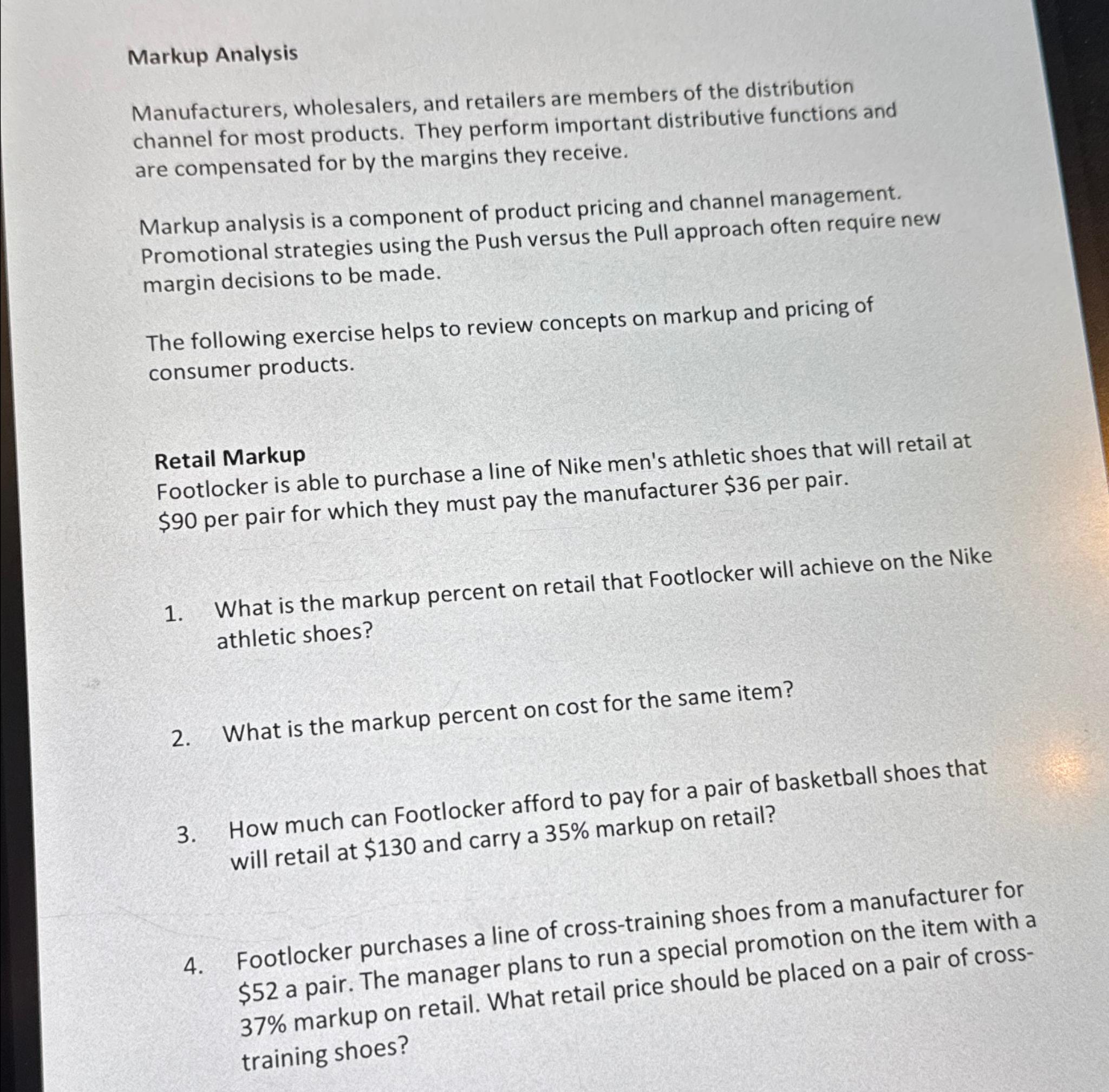 Solved Markup AnalysisManufacturers, wholesalers, and | Chegg.com