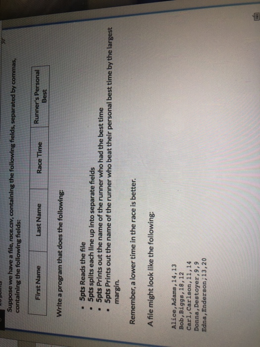 Solved Suppose we have a file, race.csv, containing the | Chegg.com