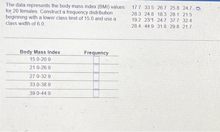 Solved The data represents the body mass index (BMI) values | Chegg.com