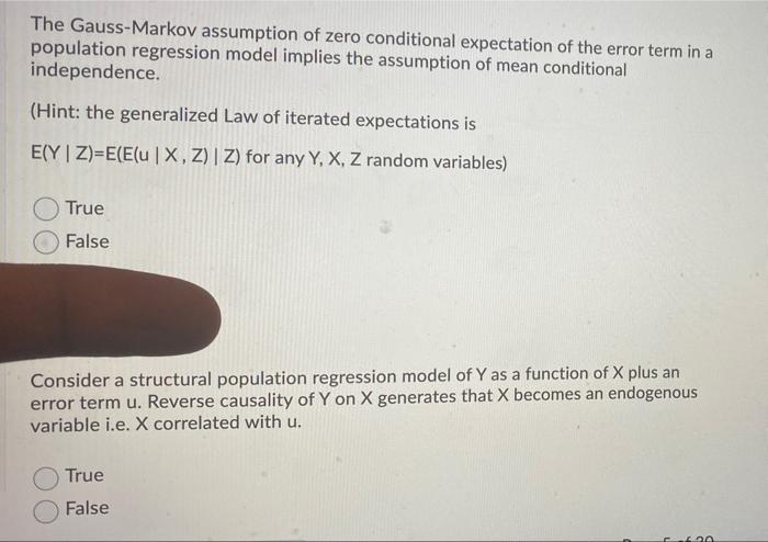 Solved The Gauss-Markov assumption of zero conditional | Chegg.com