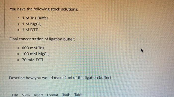 Solved You have the following stock solutions: o 1 M Tris | Chegg.com