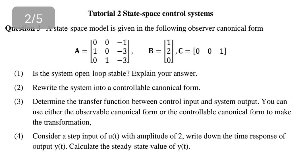 Solved Tutorial 2 State-space control systems 2/5 Qucouous a | Chegg.com