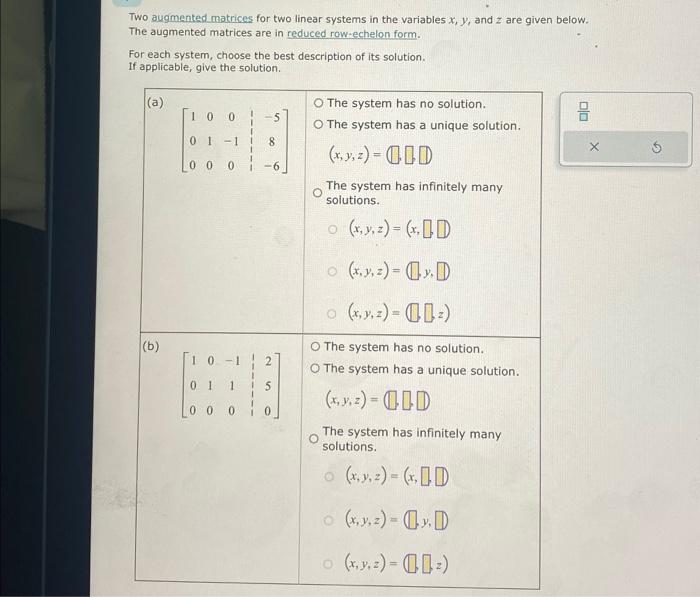 Solved Two augmented matrices for two linear systems in the | Chegg.com
