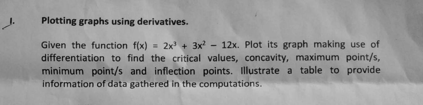 Solved Plotting graphs using derivatives. Given the function | Chegg.com