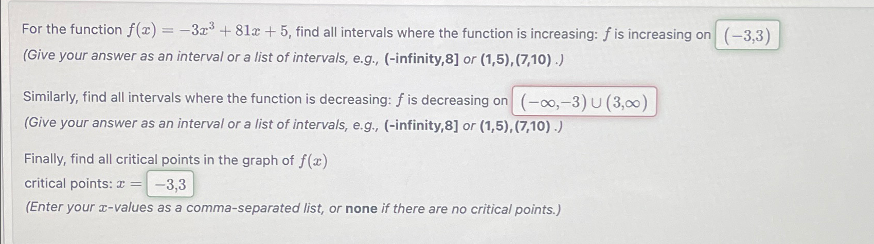 Solved For the function f(x)=-3x3+81x+5, ﻿find all intervals | Chegg.com