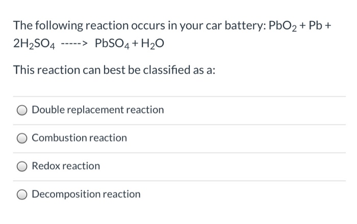 Solved The following reaction occurs in your car battery: | Chegg.com