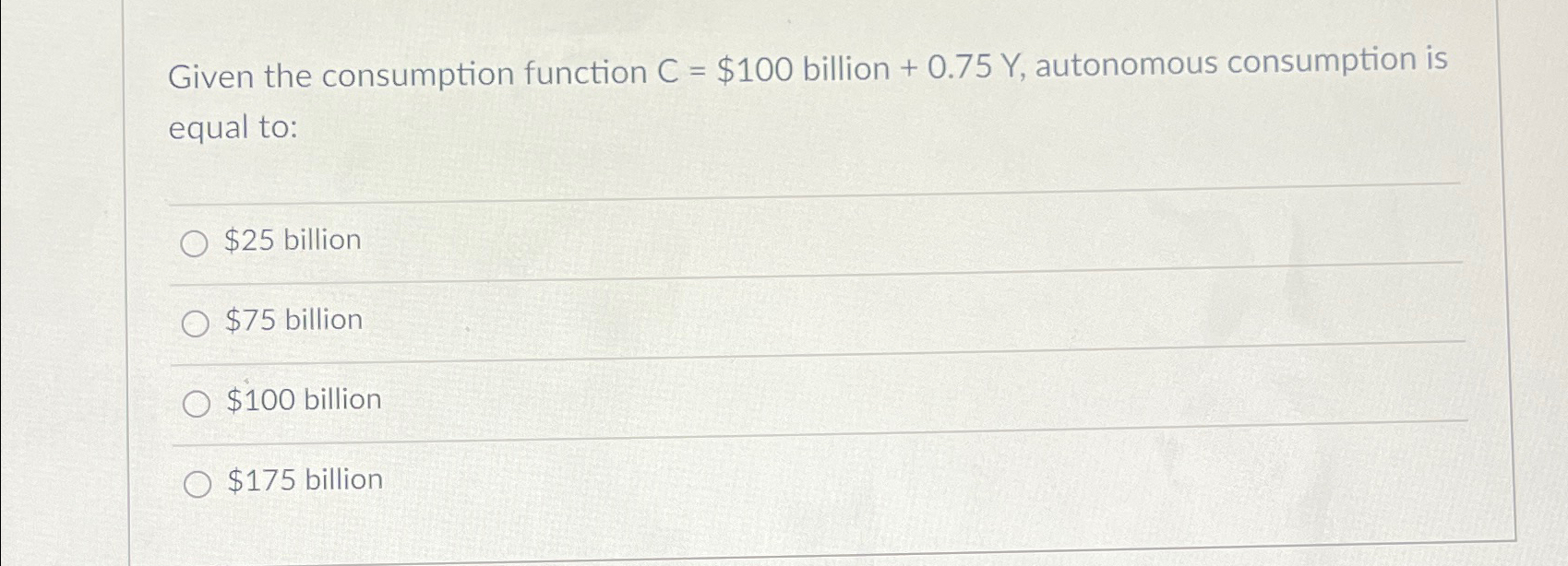 Solved Given the consumption function C=$100 ﻿billion | Chegg.com