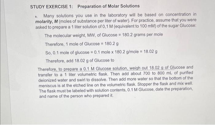 Solved STUDY EXERCISE 1: Preparation of Molar Solutions a. | Chegg.com